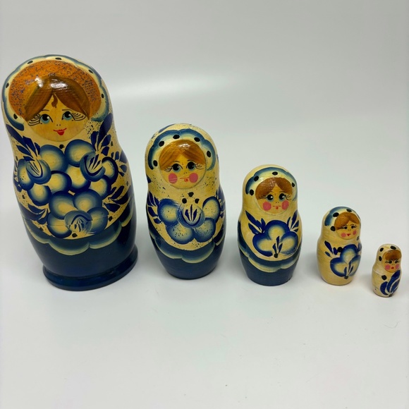 Accents | Russian Nesting Dolls Blue Natural Wood Set Of Five Pieces ...